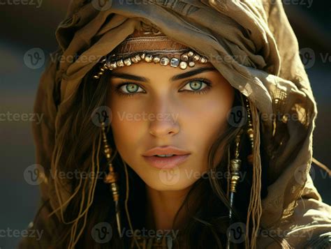 Ai Generated Portrait Of Beautiful Veiled Arab Women With Desert Background Close Up Of Middle