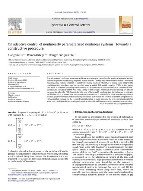 pdf on adaptive control of nonlinearly parameterized nonlinear systems towards a