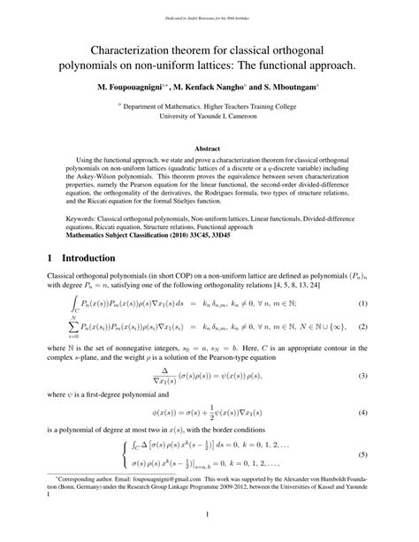pdf characterization theorem of classical orthogonal polynomials on non uniform lattices the