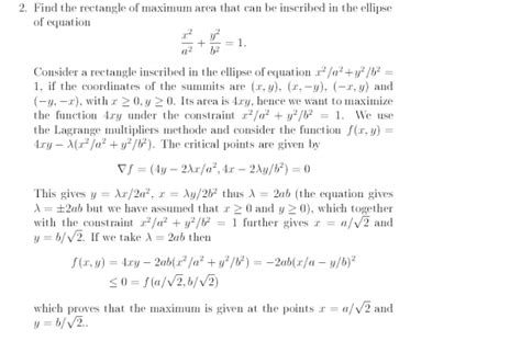 a rectangle with sides parallel to the coordinate axes is inscribed in the ellipse x2 a2 y2 b2