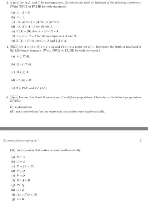 solved 3 pts let a b and c be nonempty sets determine