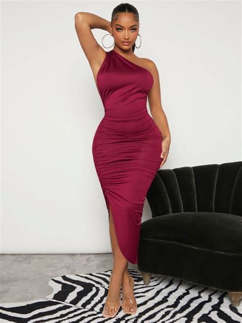 Shein Sxy One Shoulder Strappy Backless Ruched Split Thigh Dress Shein Usa