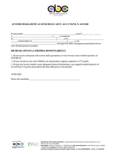 Compilabile Online Autodichiarazione Ai Sensi Degli Artt 46 E 47 D P R