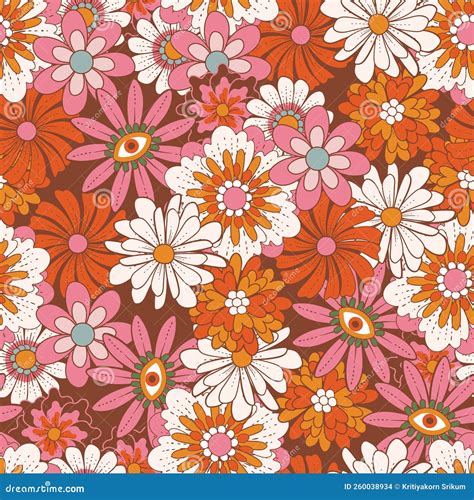 Retro 1970 Groovy Flowers Seamless Pattern Hand Drawn Vector
