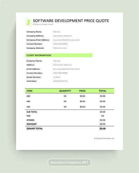 Software Development Price Quote Template GRN Quote Templates