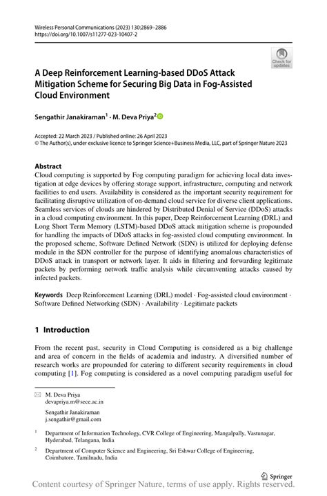 a deep reinforcement learning based ddos attack mitigation scheme for securing big data in fog