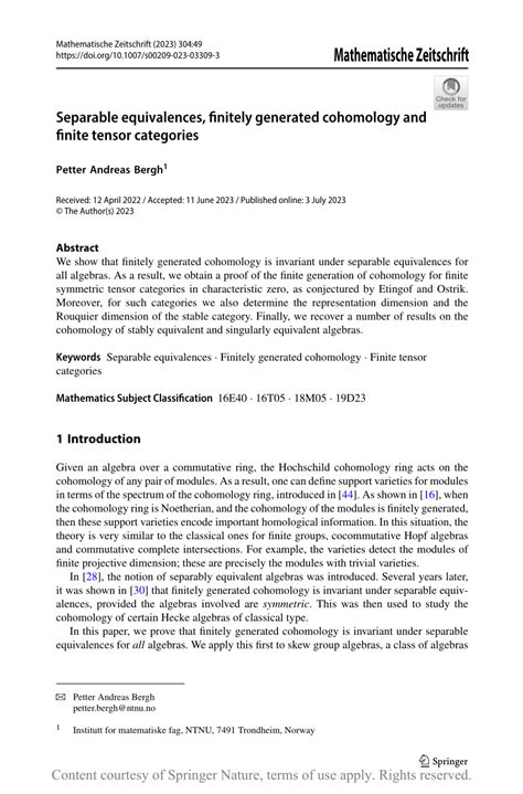 pdf separable equivalences finitely generated cohomology and finite tensor categories
