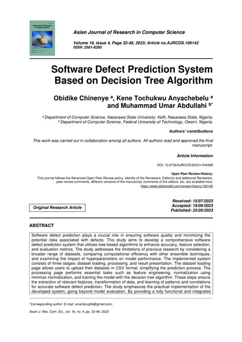 pdf software defect prediction system based on decision tree algorithm
