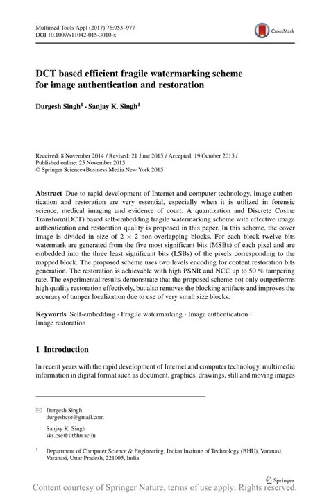 dct based efficient fragile watermarking scheme for image authentication and restoration