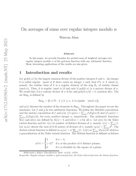 pdf on averages of sums over regular integers modulo n waseem alass