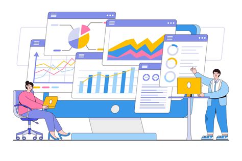 Flat Business People Analysts Working With Data On Dashboard Studying