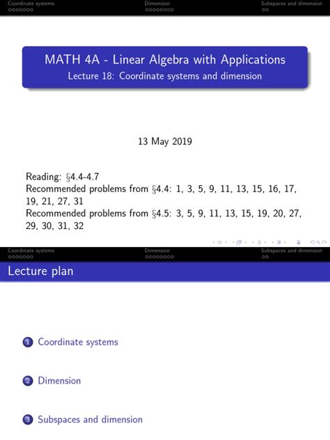 math 4a linear algebra with applications lecture 18 coordinate systems and dimension pdf
