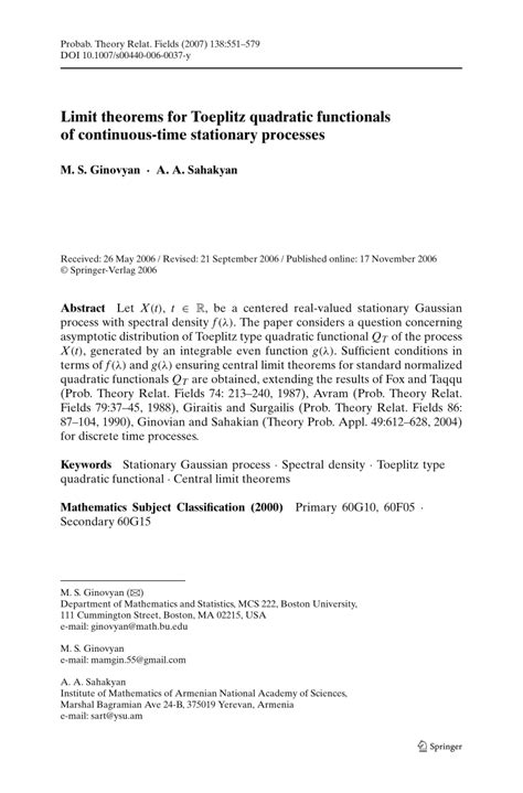 pdf limit theorems for toeplitz quadratic functionals of continuous time stationary processes