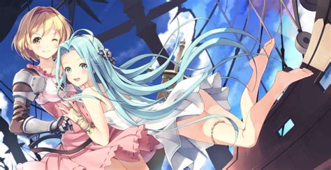 Safebooru 2girls D Ahoge Bare Legs Barefoot Blonde Hair Blue Eyes Blue Hair Blue Sky Blush