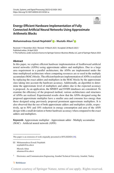 energy efficient hardware implementation of fully connected artificial neural networks using