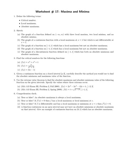 worksheet 17 maxima and minima pdf