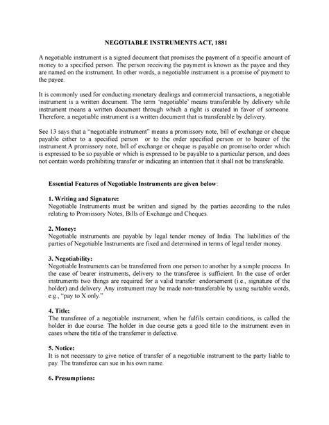 N I NI ACT NEGOTIABLE INSTRUMENTS ACT 1881 A Negotiable Instrument