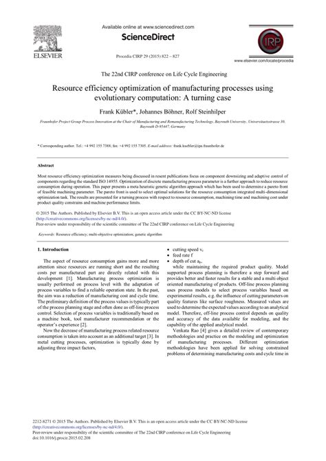 pdf resource efficiency optimization of manufacturing processes using evolutionary computation