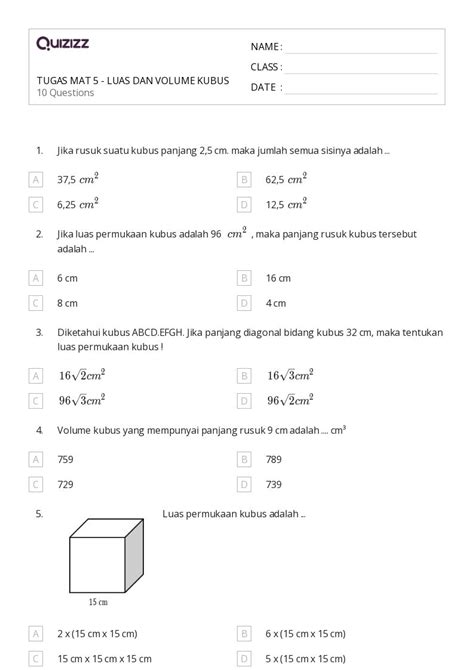 Lembar Kerja Volume Dan Luas Permukaan Kubus Untuk Kelas Di