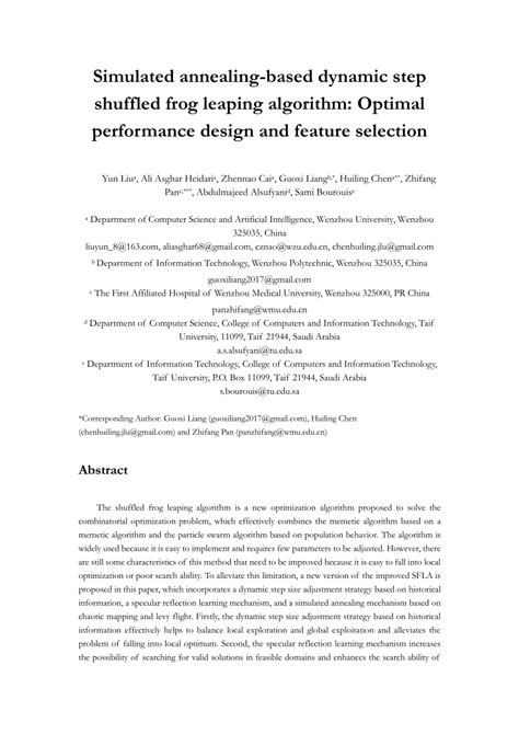 pdf simulated annealing based dynamic step shuffled frog leaping algorithm optimal
