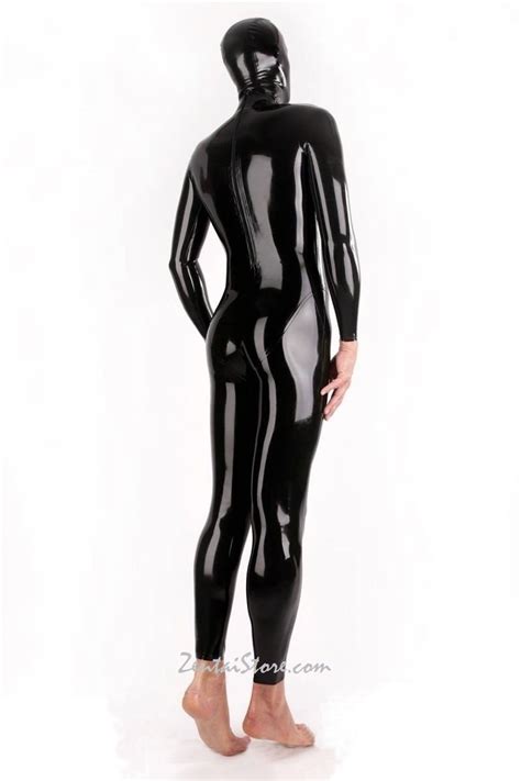 Rubber Fetish Clothing Black Latex Catsuit Open Mouth Back Zip Jumsuit Full Body Latex Costumes