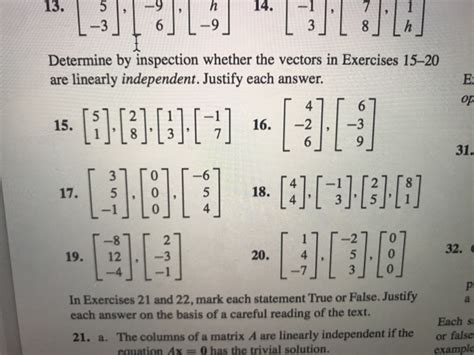 solved 13 59 determine by inspection whether the vectors in