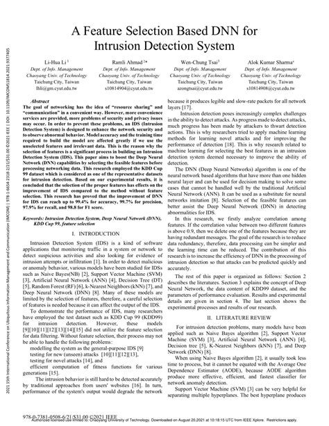 pdf a feature selection based dnn for intrusion detection system