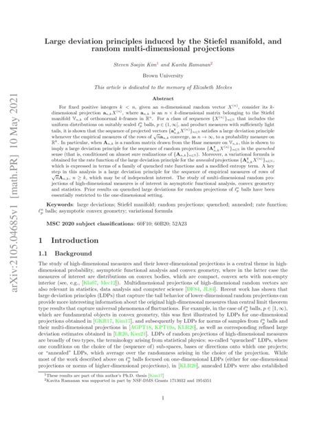 large deviation principles induced by the stiefel manifold and random multi dimensional