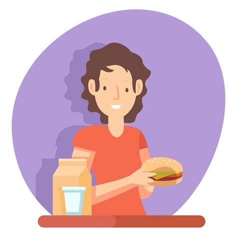 Uma Mulher Está Comendo Um Hambúrguer Na Hora Do Almoço Em Uma Cantina Da Empresa Vetor Premium
