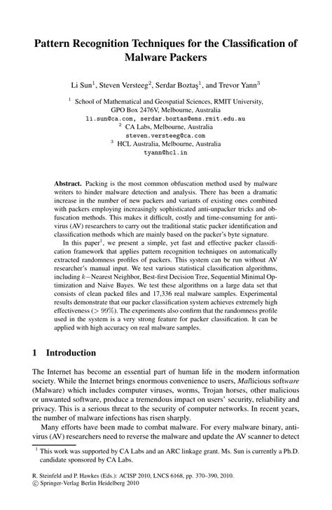 pdf pattern recognition techniques for the classification of malware packers