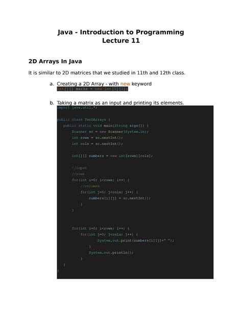 2d arrays in java java introduction to programming lecture 11 2d arrays in java it is