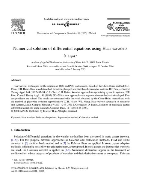 pdf numerical solution of differential equations using haar wavelets