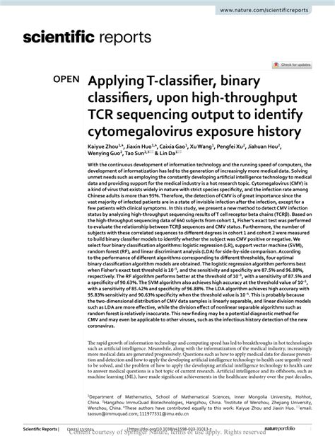 pdf applying t classifier binary classifiers upon high throughput tcr sequencing output to