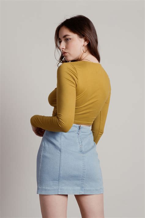Moss Yellow Crop Top Ruched Long Sleeve Crop Top Front Tie Crop Top