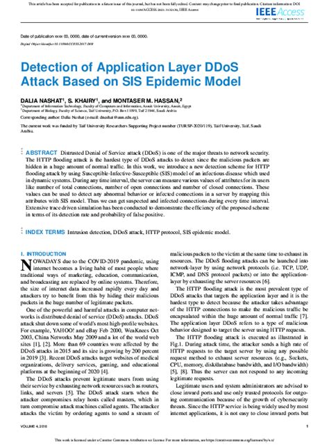 pdf detection of application layer ddos attack based on sis epidemic model dalia nashat