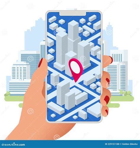 Isometric Location Track App On Touchscreen Smartphone Street Map With