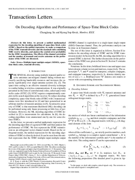 pdf on decoding algorithm and performance of space time block codes kyung sup kwak