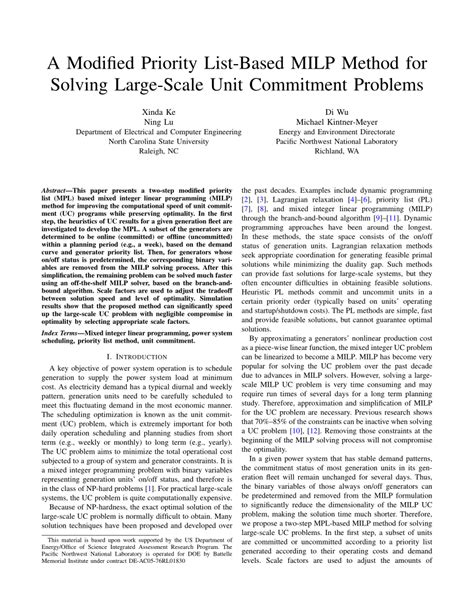 pdf a modified priority list based milp method for solving large scale unit commitment problems
