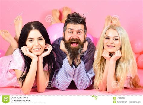 Cheerful Morning Concept Threesome Relaxing In Morning Stock Image Image Of Bedroom Concept