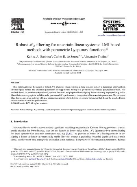 pdf robust filtering for uncertain linear systems lmi based methods with parametric lyapunov