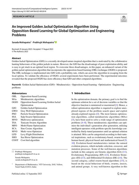 pdf an improved golden jackal optimization algorithm using opposition based learning for