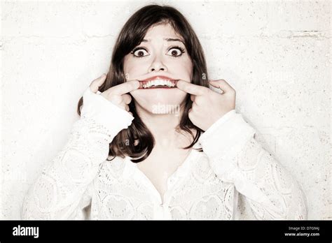 Portrait Beautiful Young Woman Her Big Eyes Wide Open Looking In Sheer Terror Her Hands Opening