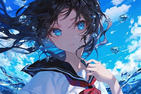 Premium Photo Anime Japanese Girl Big Blue Eyes On Sea