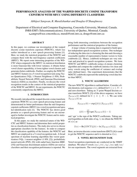 pdf performance analysis of thewarped discrete cosine transform cepstrum with mfcc using