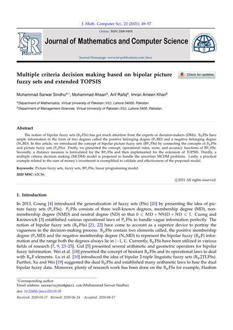 pdf multiple criteria decision making based on bipolar picture fuzzy sets and extended topsis
