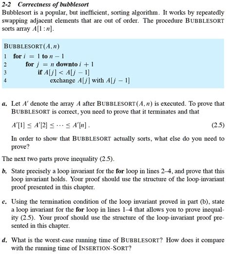 solved 2 2 correctness of bubble sort bubble sort is a popular but inefficient sorting