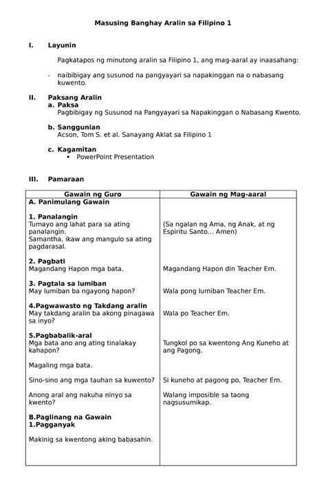 Masusing Banghay Aralin Sa Filipino 1 Layunin Pagkatapos Ng Minutong