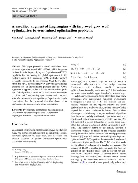 pdf a modified augmented lagrangian with improved grey wolf optimization to constrained
