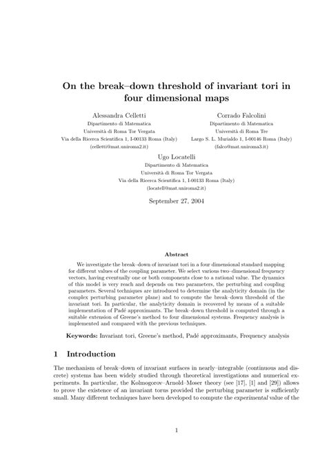 pdf on the break{down threshold of invariant tori in four dimensional maps
