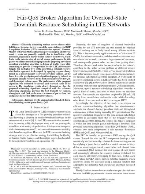 fair qos broker algorithm for overload state downlink resource scheduling in lte networks pdf